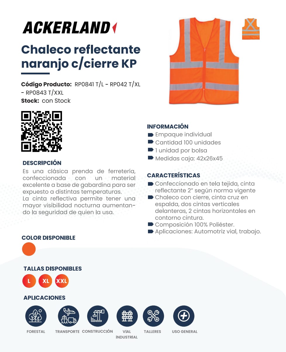 CHALECO REFLECTANTE NARANJO CON CIERRE c/u - Vicmat