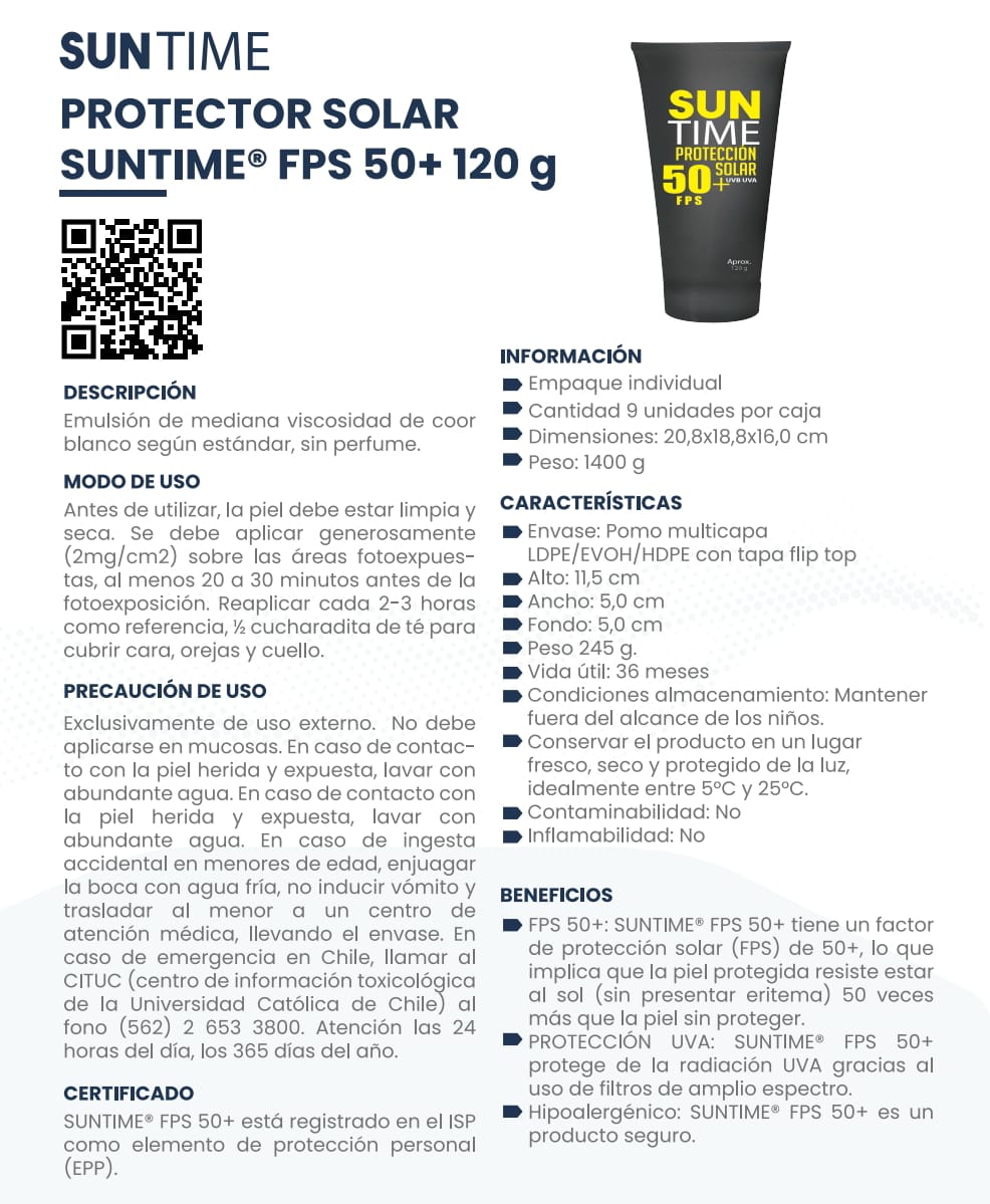 PROTECTOR SOLAR SUNTIME® FPS 50+ 120 G. C/U - Vicmat