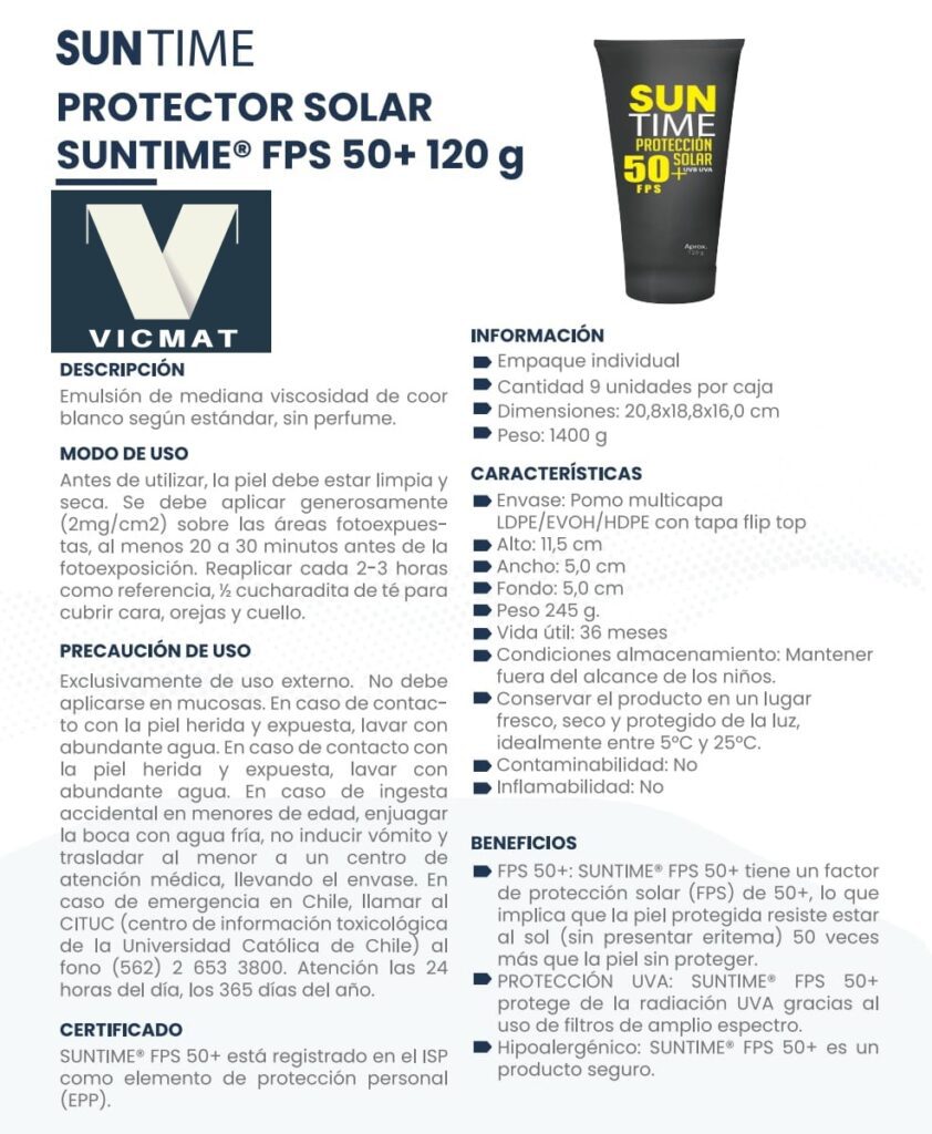 PROTECTOR SOLAR SUNTIME® FPS 50+ 120 G. C/U - Vicmat