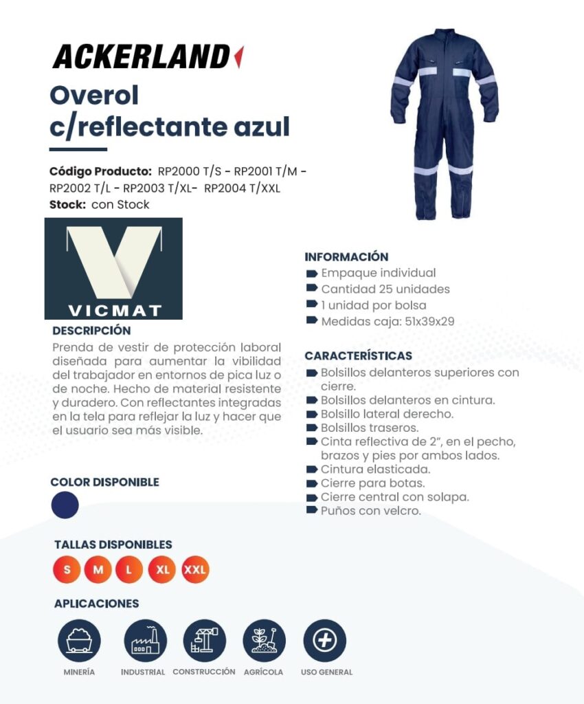 OVEROL POPLIN AZUL C/ REFLECTANTE C/u - Vicmat
